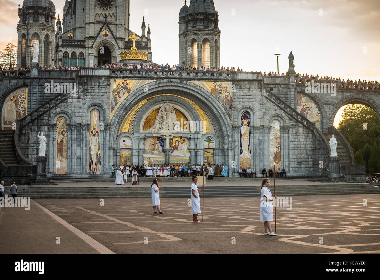 Pilgrims procession to Mass, Lourdes, Pyrenees, France, Europe Stock ...