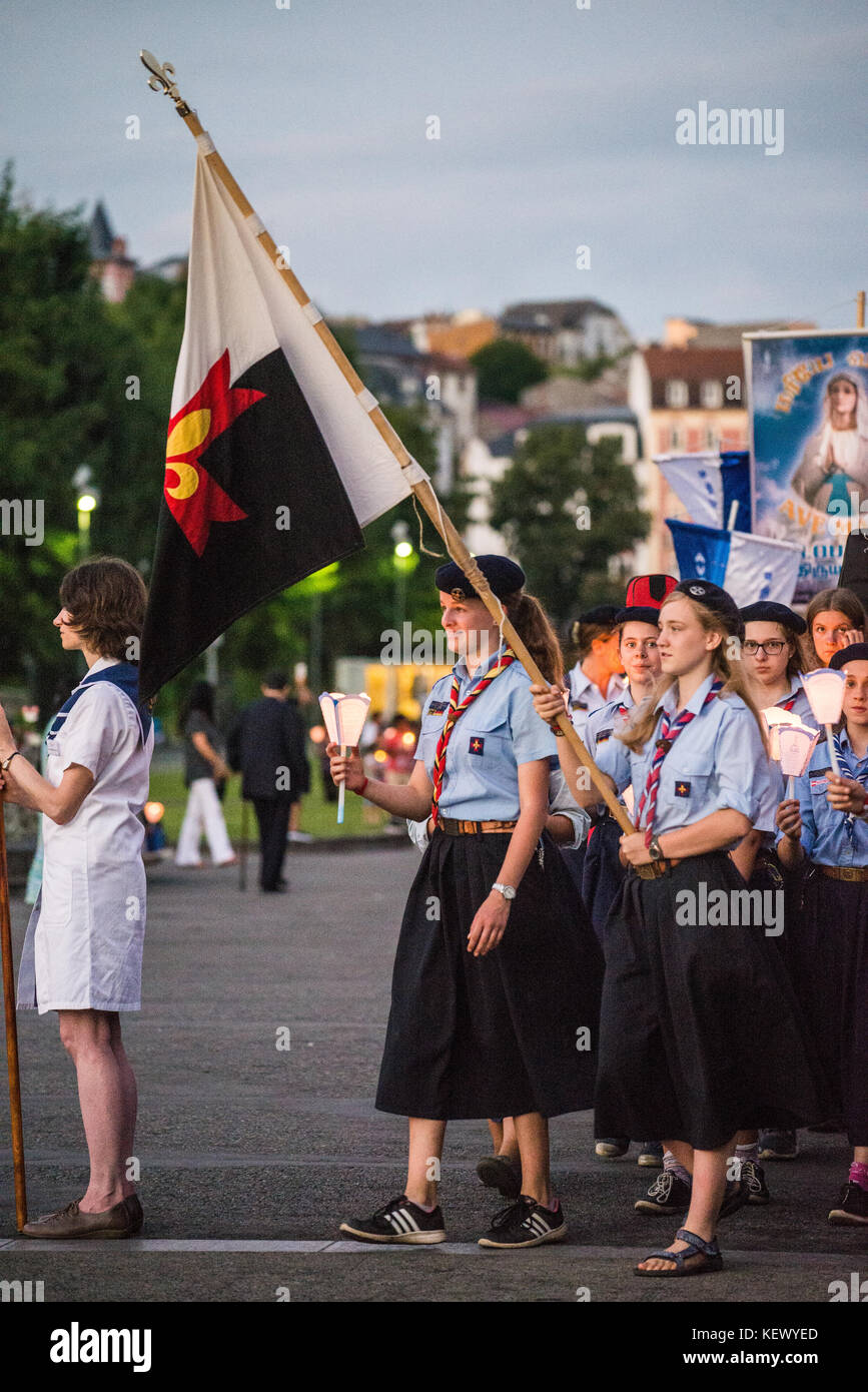 Pilgrims procession to Mass, Lourdes, Pyrenees, France, Europe Stock ...