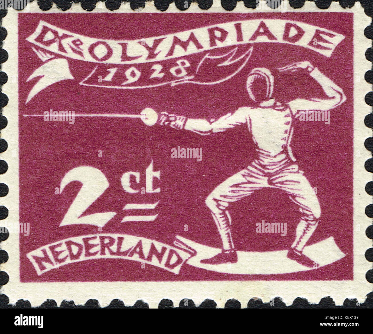 1928 Summer Olympics stamp of the Netherlands fencing Stock Photo - Alamy