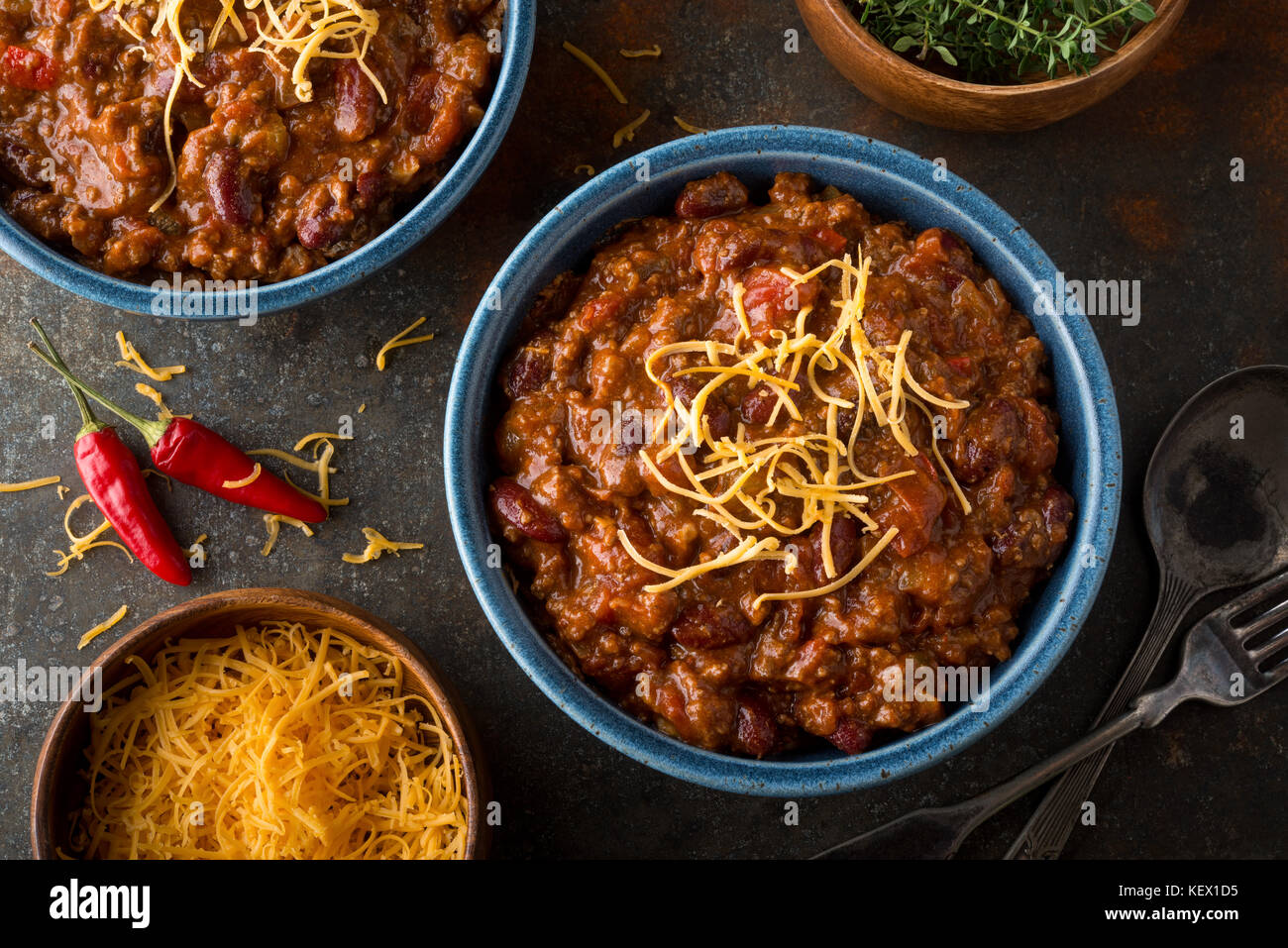 A bowl of delicious home made chili with ground beef, kidney beans, red ...