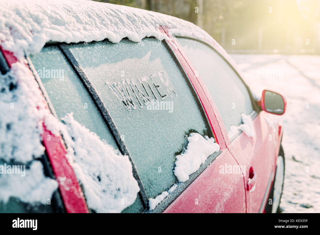 Frozen car window, car parked outside, winter transport issues Stock ...