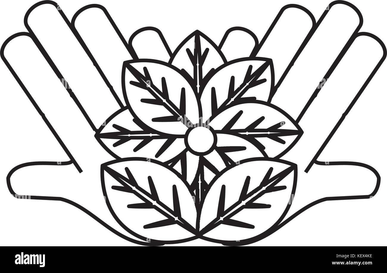 flat line uncolored hand with flower over white background vector ...