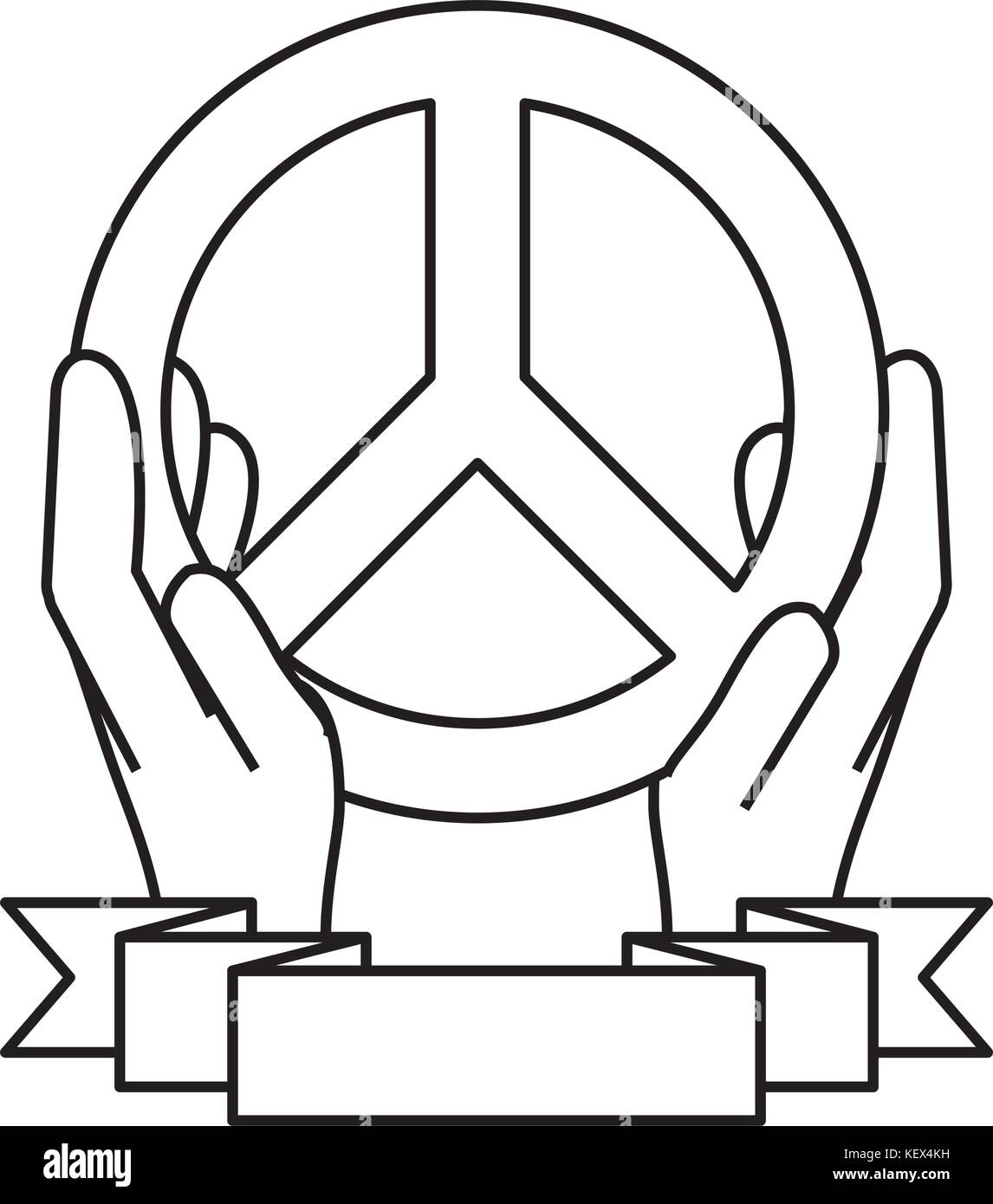 flat line uncolored hand with peace symbol over white background vector ...