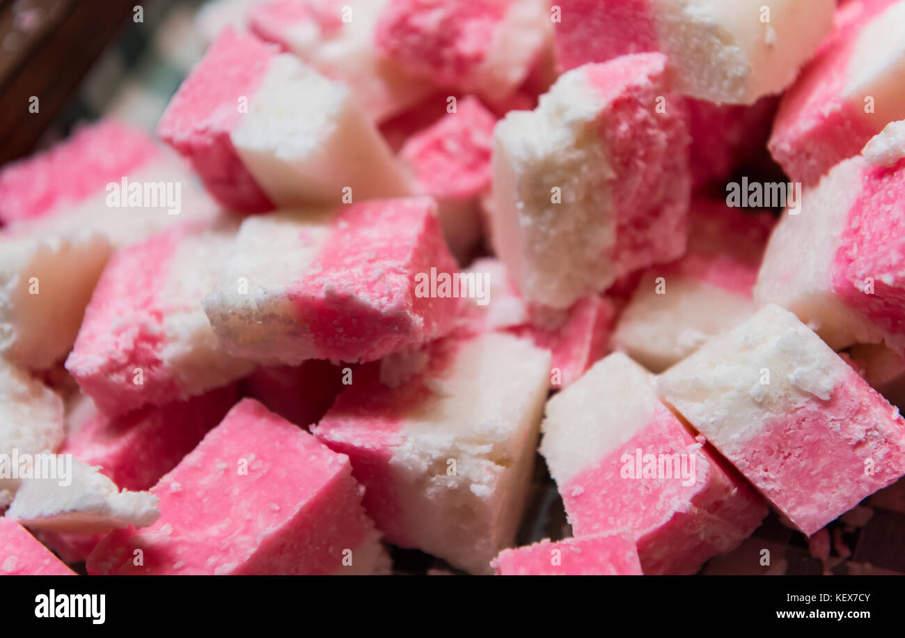 Delicious chunks of homemade strawberry butter tablet on display in ...