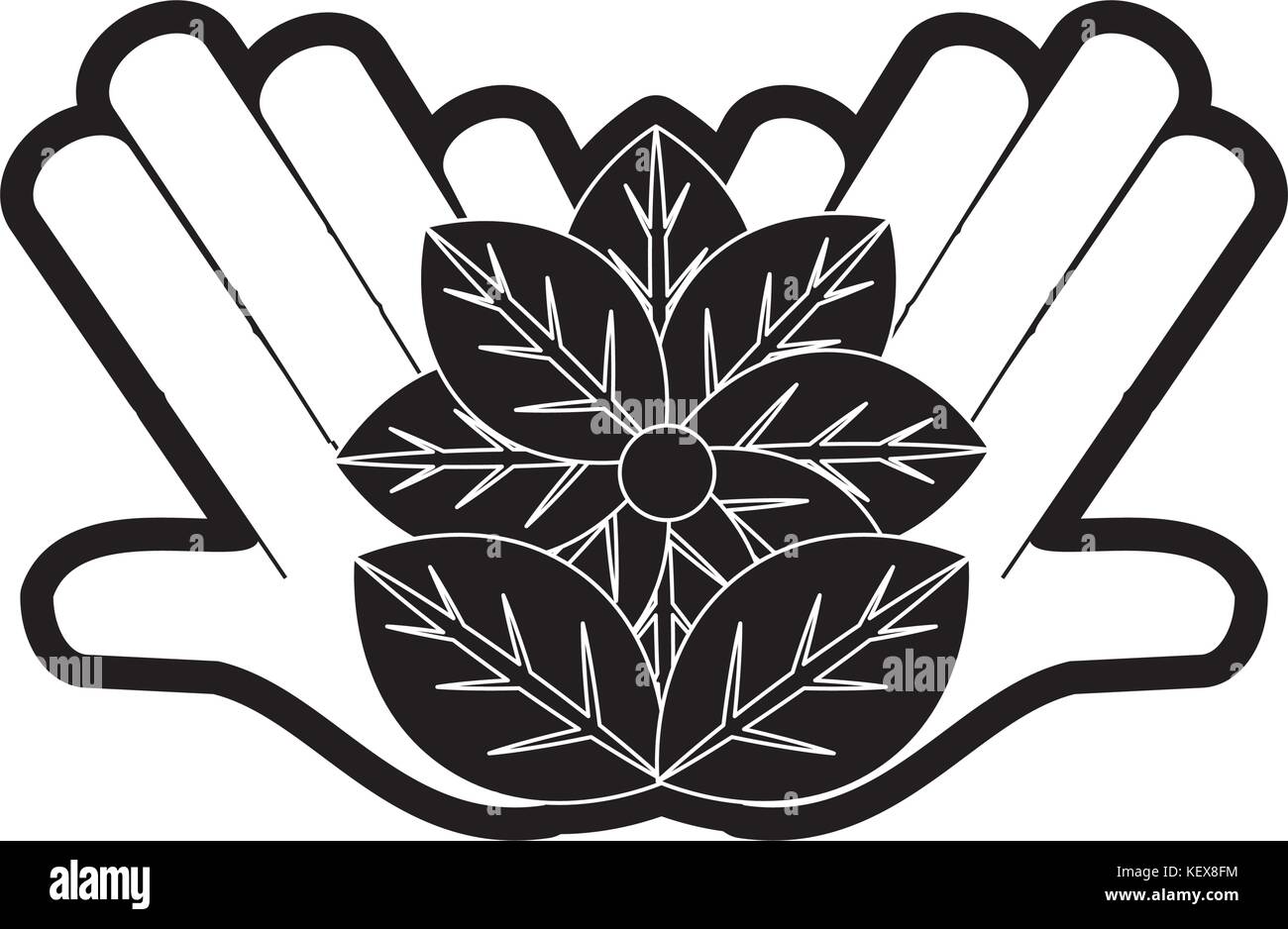 flat line monochromatic hand with flower over white background vector ...