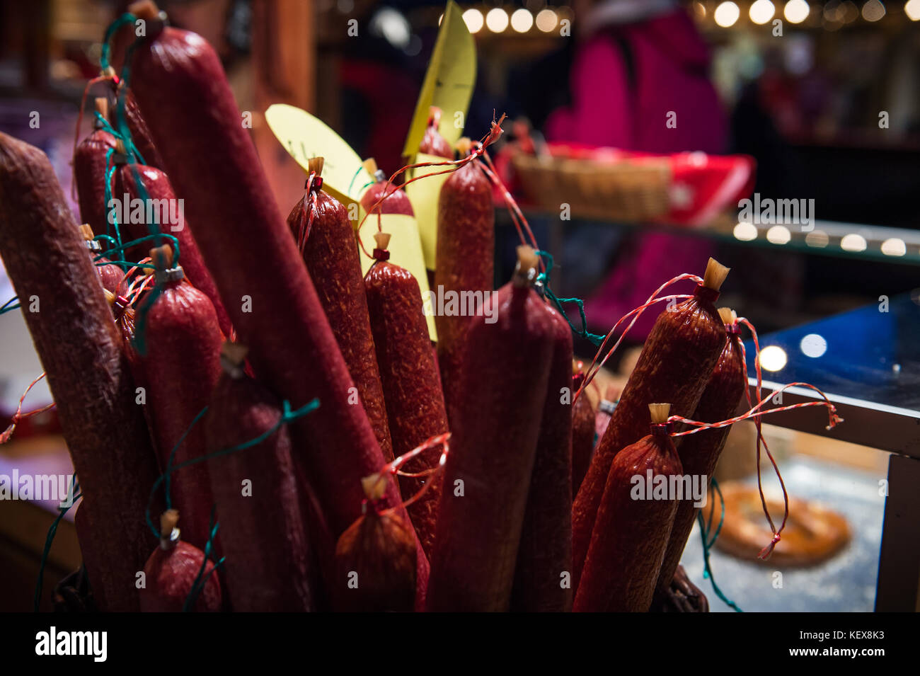 Selection of different types of salami on display Stock Photo - Alamy