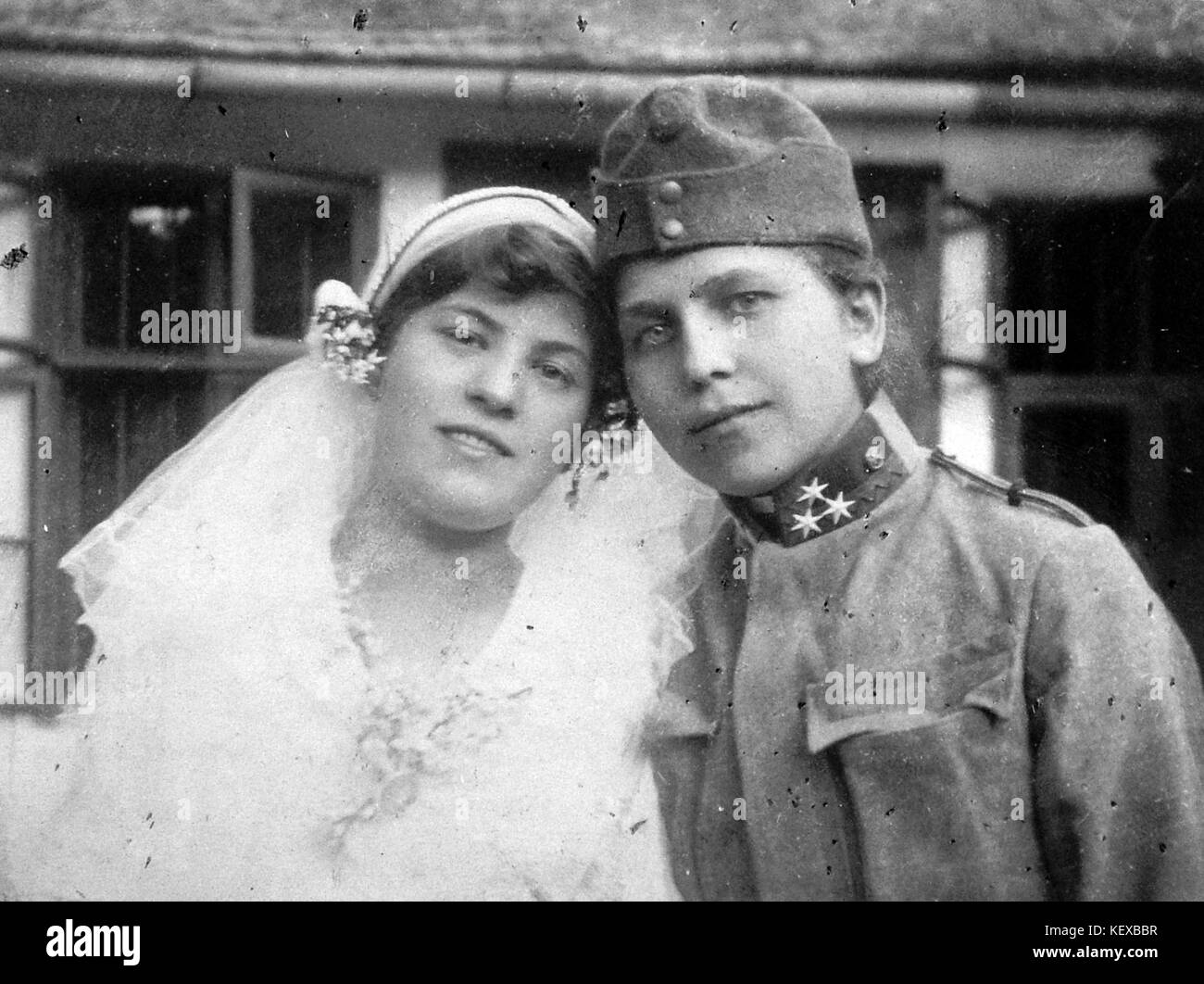Double portrait, bride, jesting, women, uniform, yard Fortepan 2294 ...