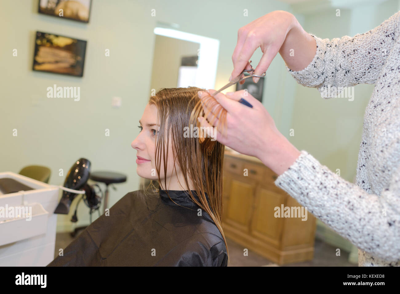 Hairdresser cutting woman's hair Stock Photo - Alamy