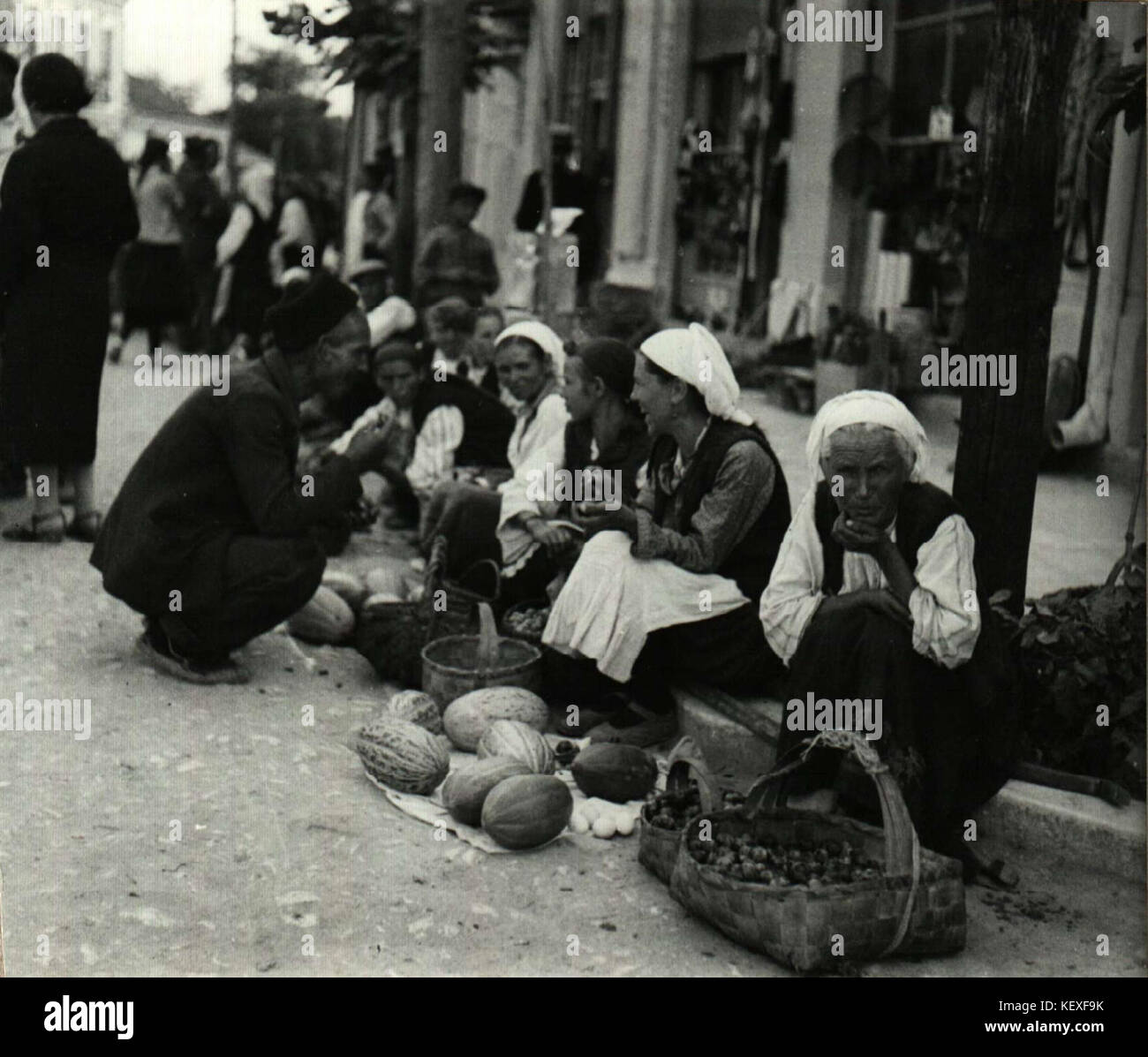 This 1936 photograph shows a busy market in Sofia, Bulgaria, capturing ...