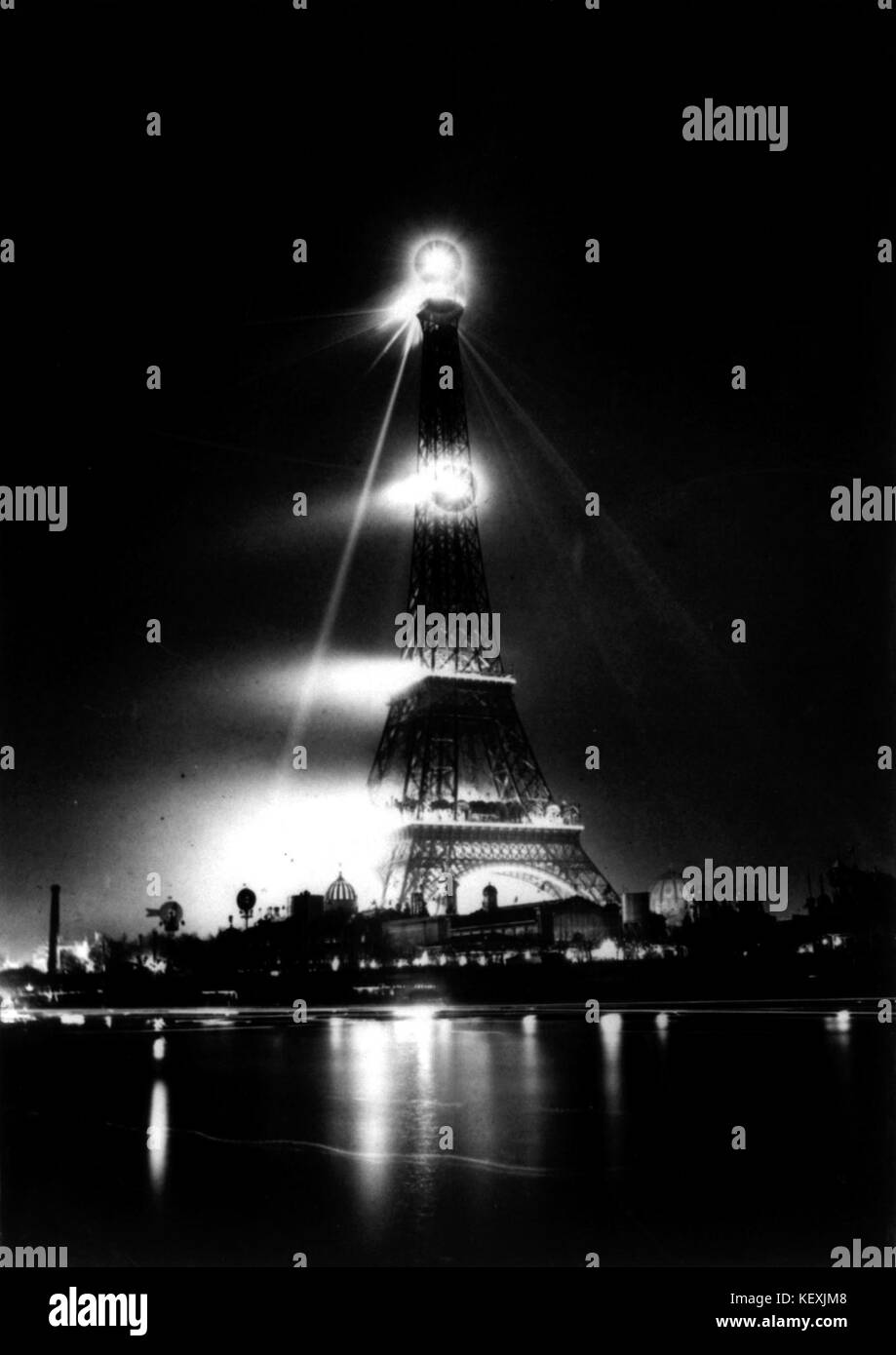 Eiffel Tower and Exposition Universelle at night, Paris, 1889 Stock ...