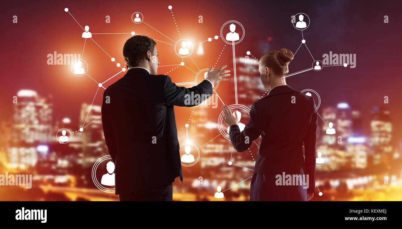 Concept of social connection and networking against night city view and ...