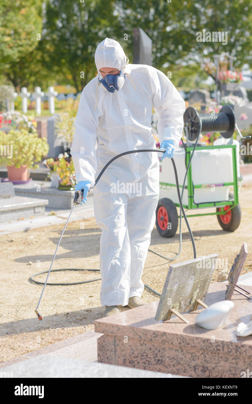 Man spraying weeds in graveyard Stock Photo - Alamy