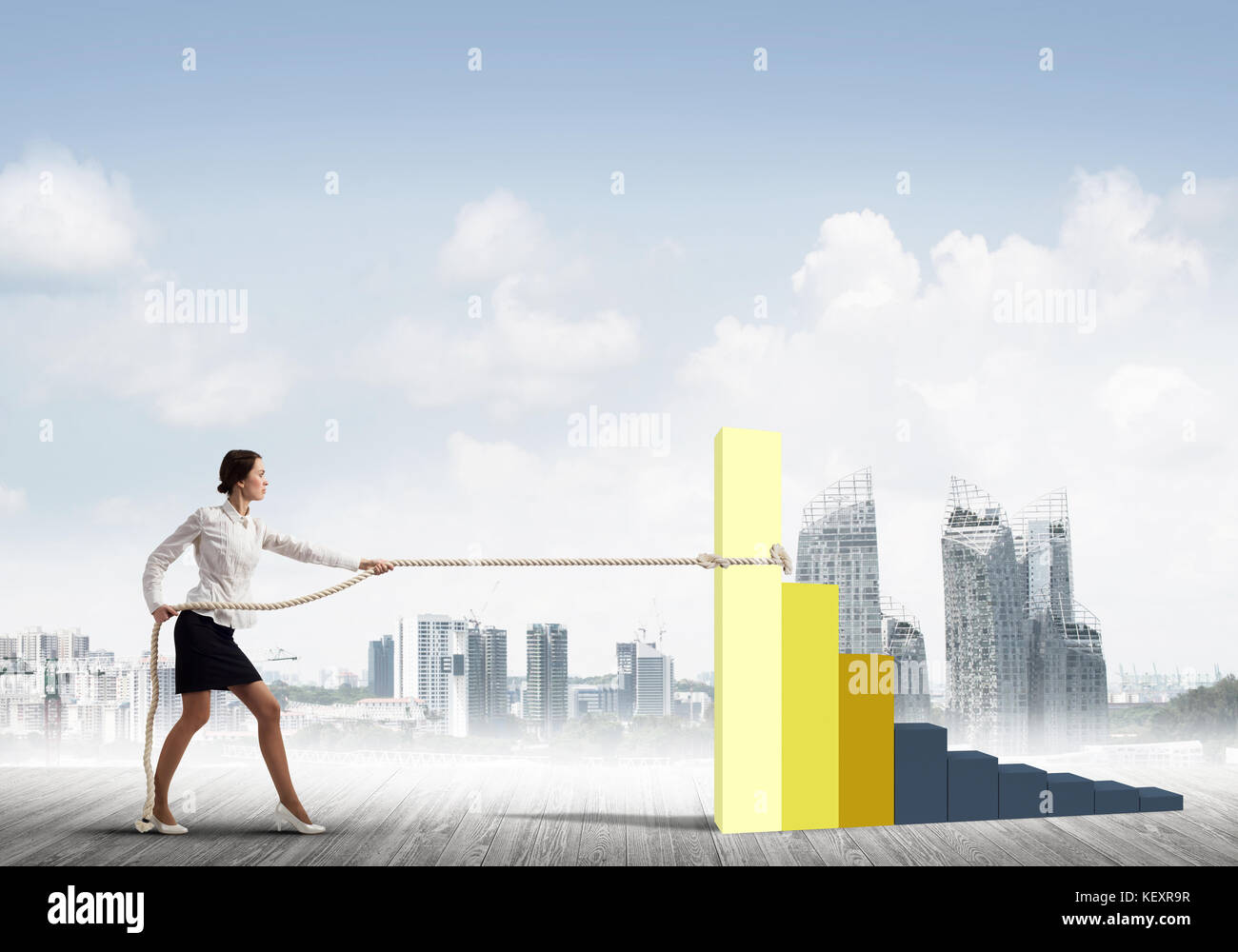 Businesswoman pulling arrow with rope and making it raise up Stock ...