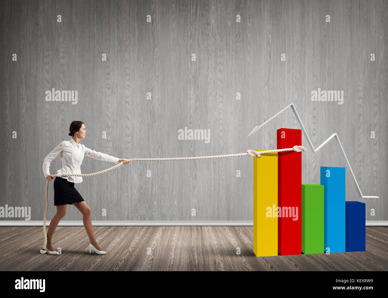 Businesswoman pulling garph with rope as symbol of power and control ...