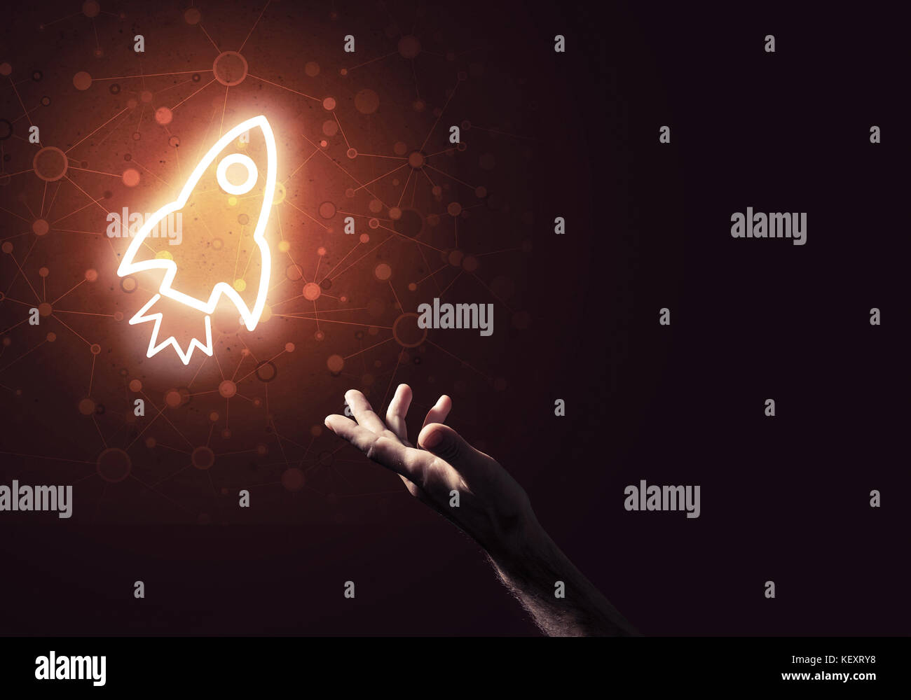 Man palm presenting Rocket web icon as technology concept Stock Photo ...