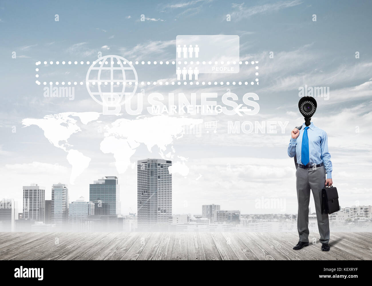 Camera headed man standing on wooden floor against modern cityscape ...