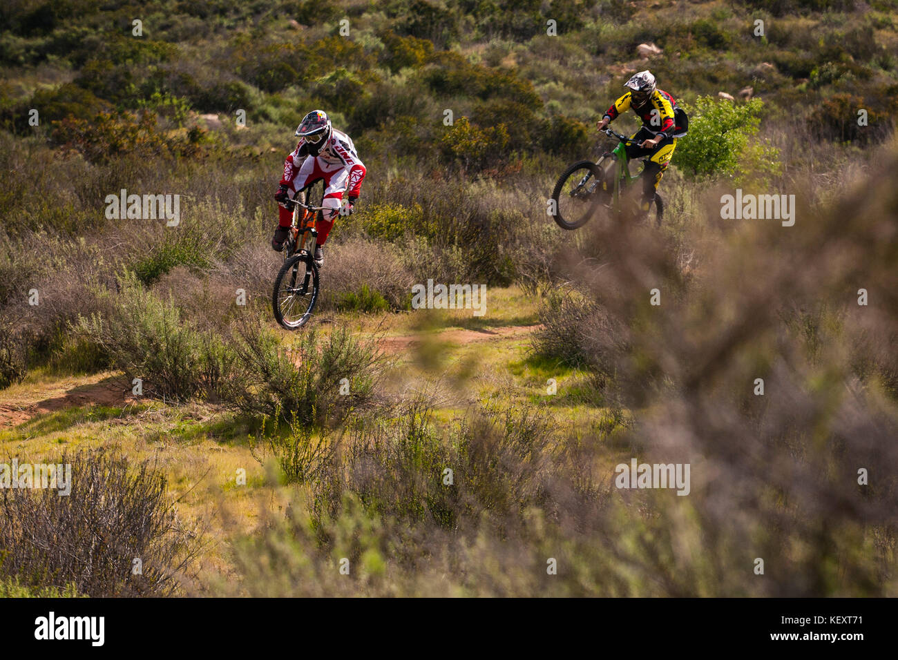 JD Swanguen (Left) and Jacob Hyde ride a trail in San Diego County, CA ...