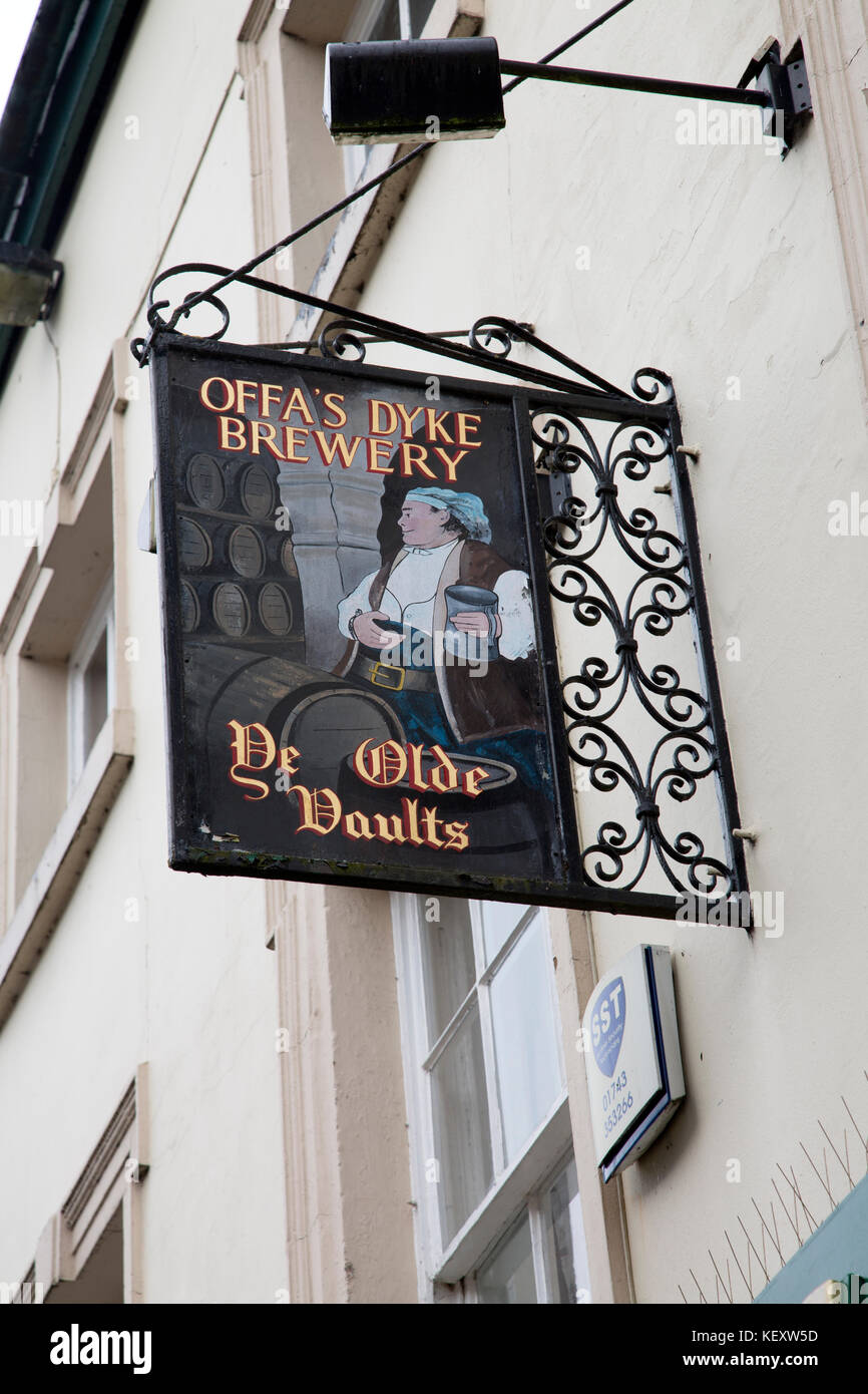 Offas Dyke Brewery, Ye Olde Vaults Pub Sign, Oswestry, England, UK ...