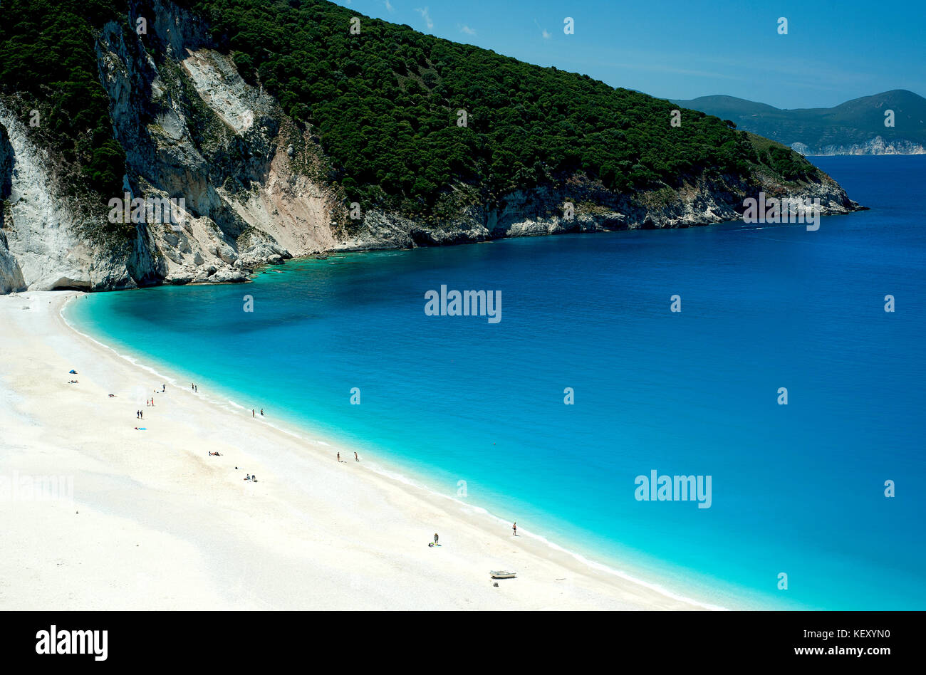 Myrtos beach, Kefalonia, Greece. The bone-white sands and azure sea of ...