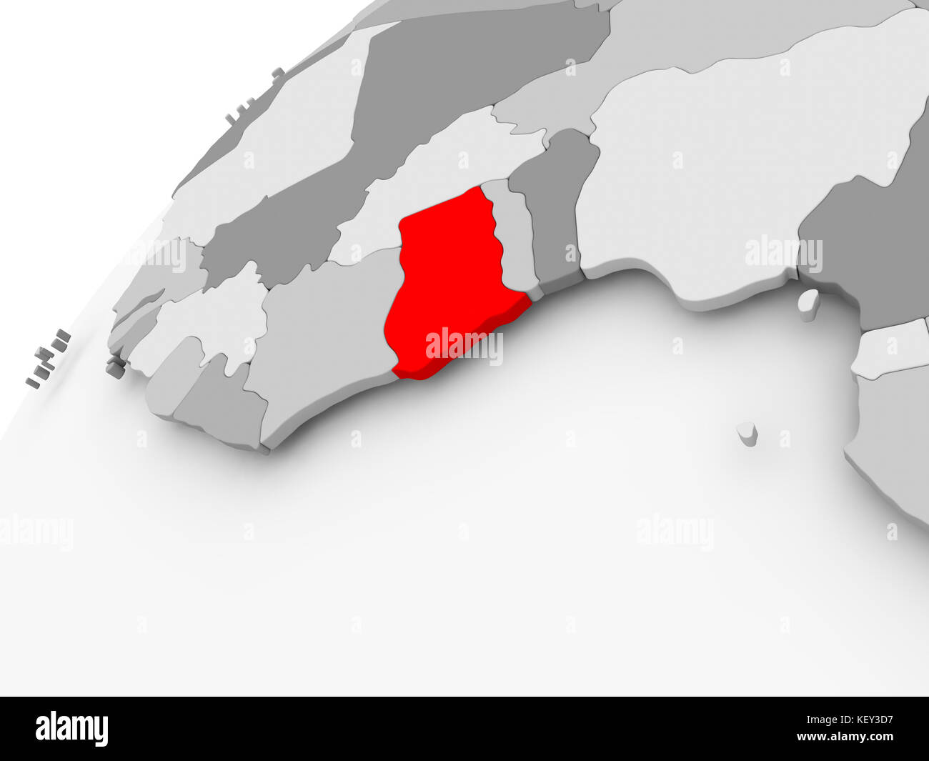 Map of Ghana in red on grey political globe. 3D illustration Stock ...