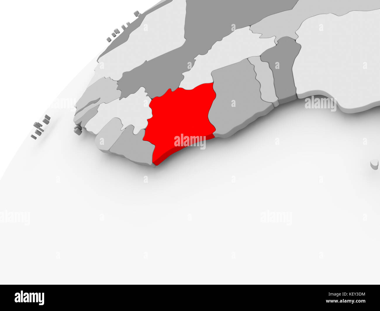 Map of Ivory Coast in red on grey political globe. 3D illustration ...