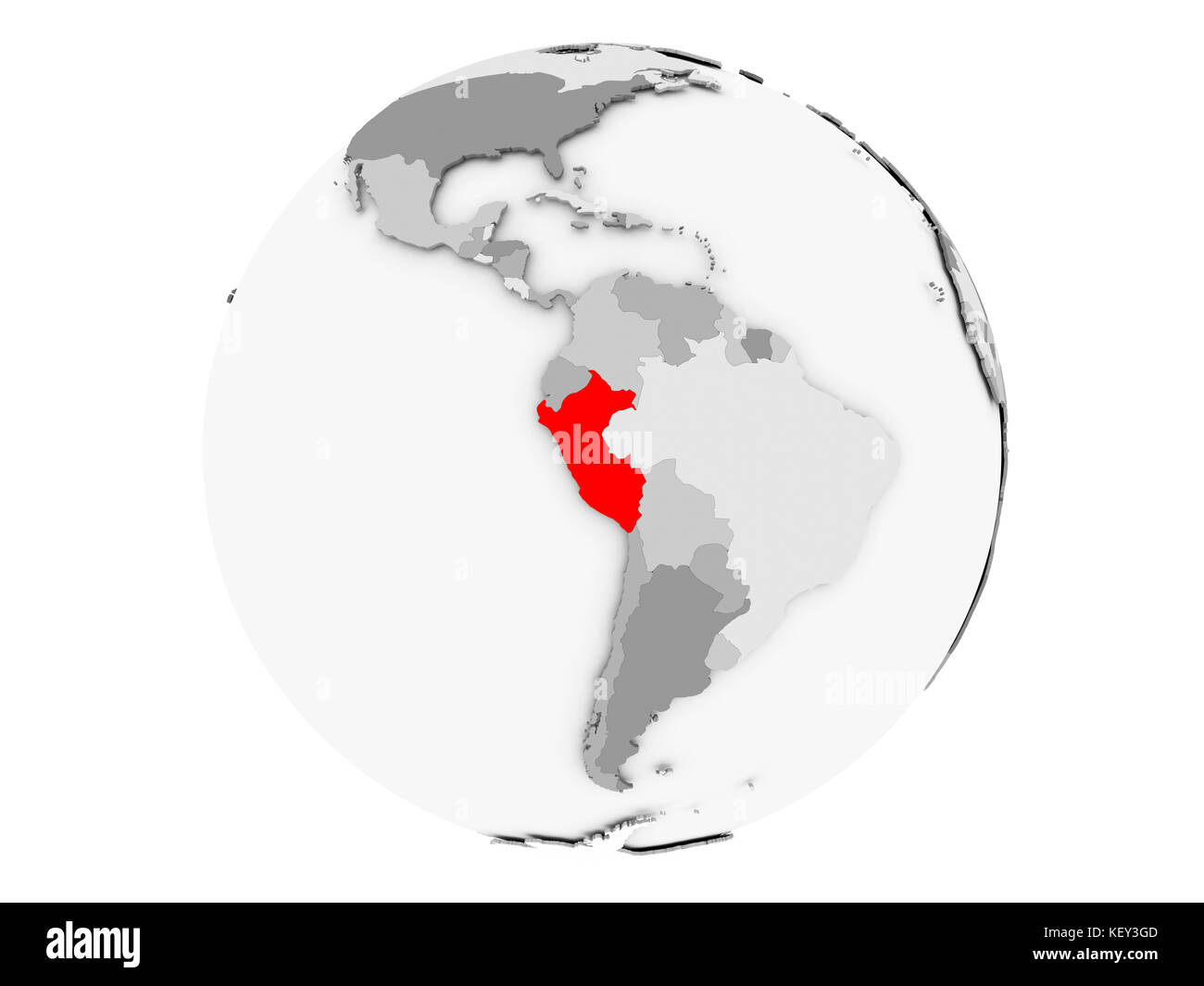 Peru highlighted in red on grey political globe. 3D illustration ...