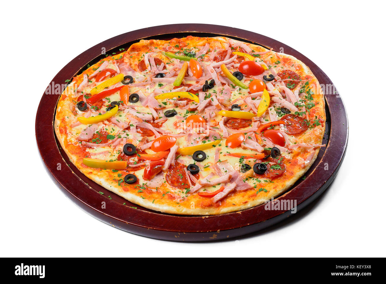 Delicious pizza on wooden tray Stock Photo - Alamy