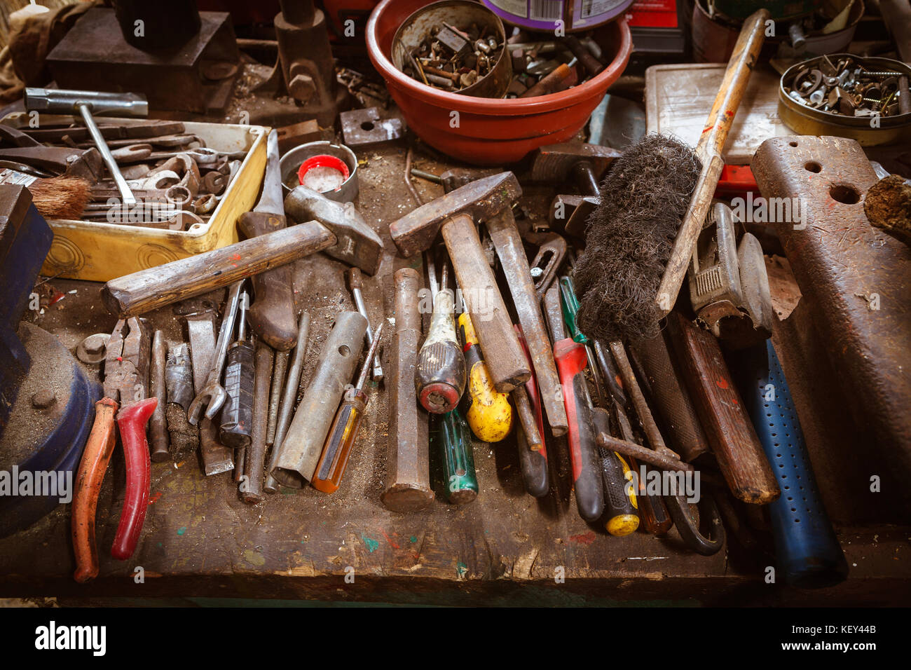 Tools in old workshop - retro style with vignette Stock Photo - Alamy