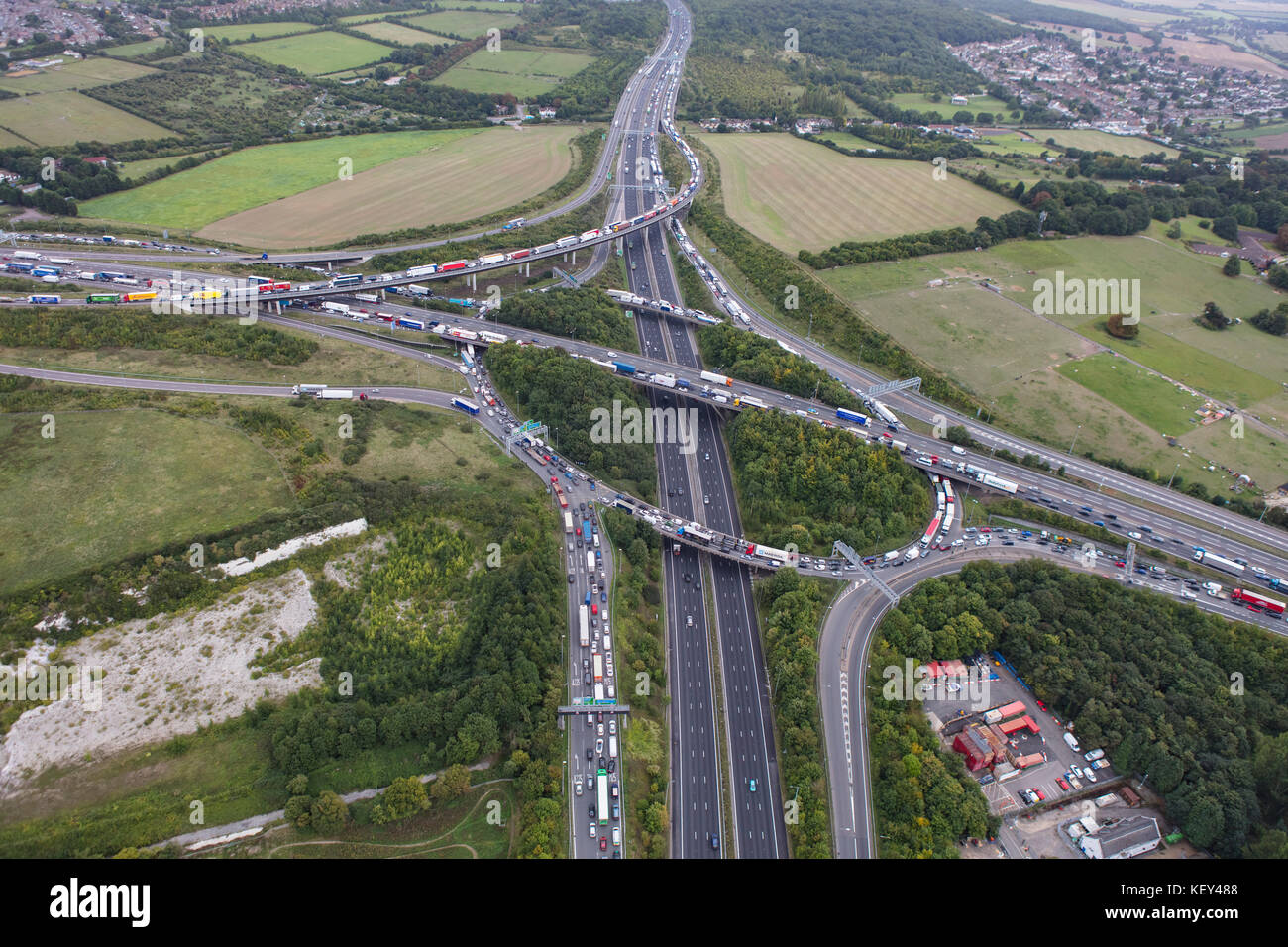 An aerial view of Motorway congestion around Junction 2 of the M25 ...