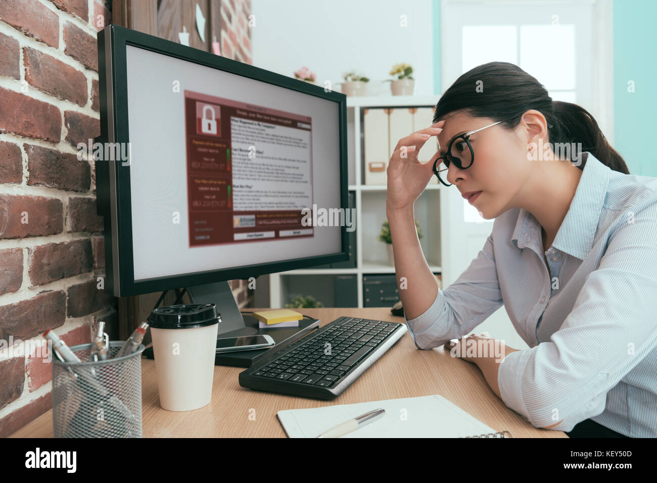 pretty attractive office worker lady thinking work solution when her ...