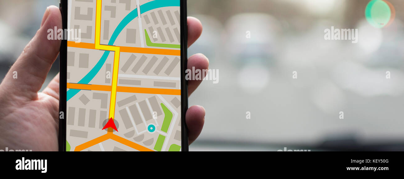 GPS Navigation on Mobile Phone Device and Transportation Concept. Male ...