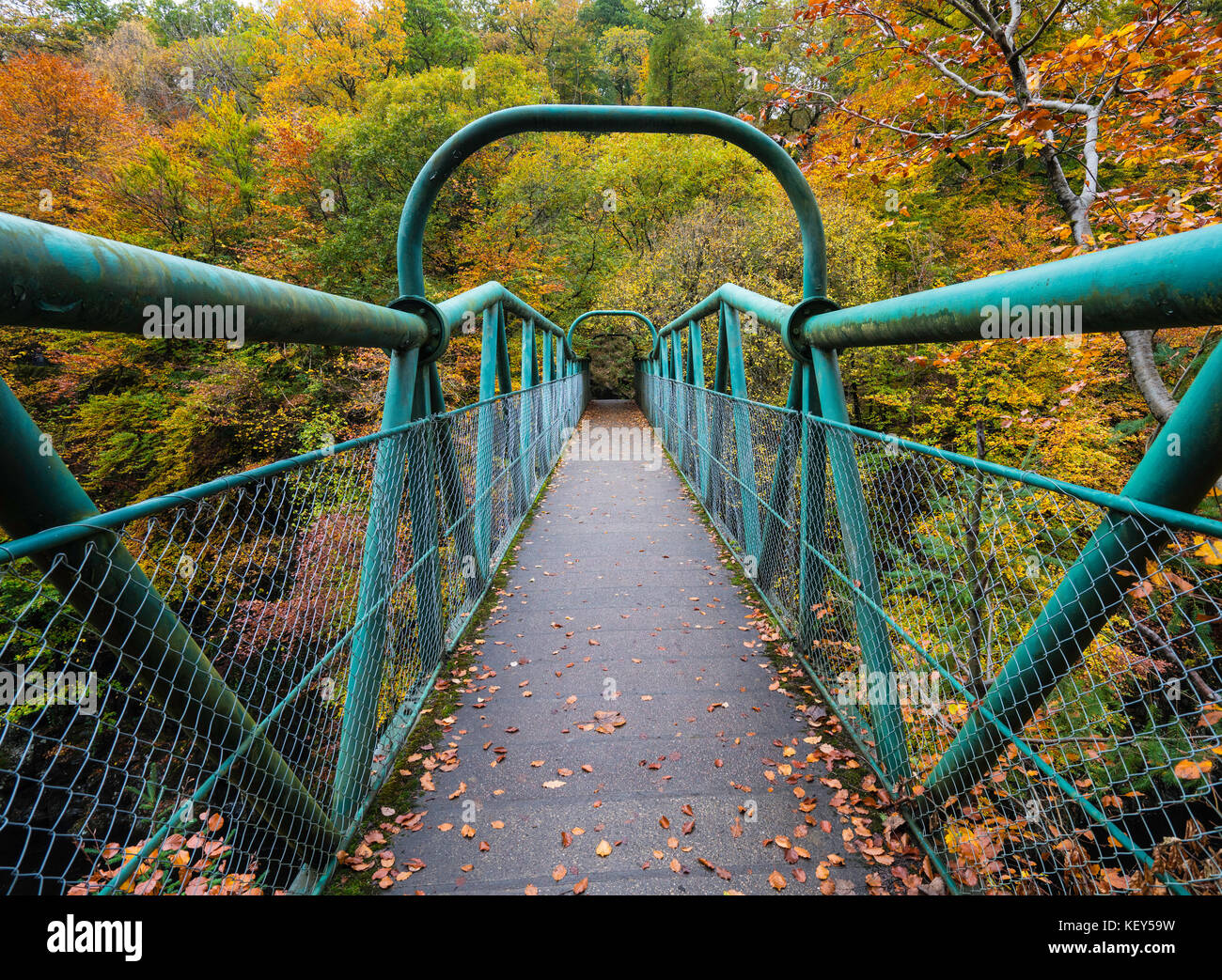 Green footbridge in natural woodland crossing River Garry at historic ...