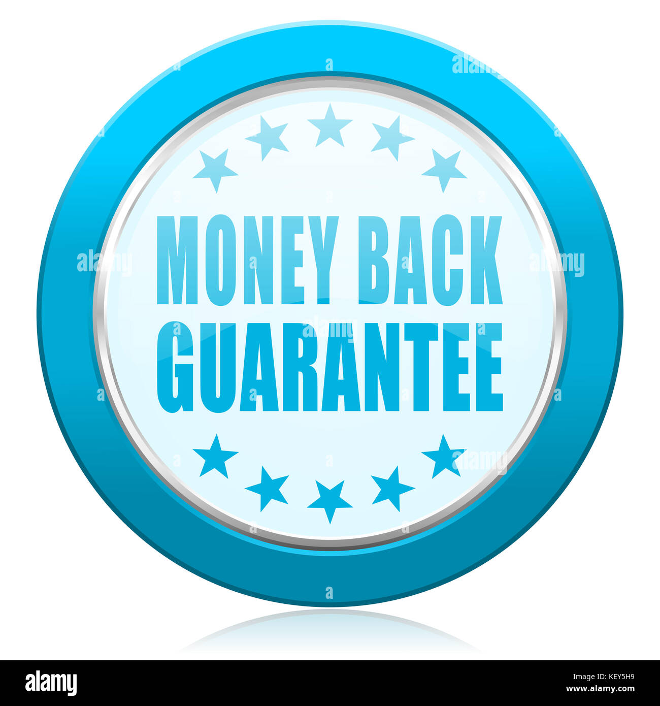 Money back guarantee blue chrome silver metallic border web icon. Round ...
