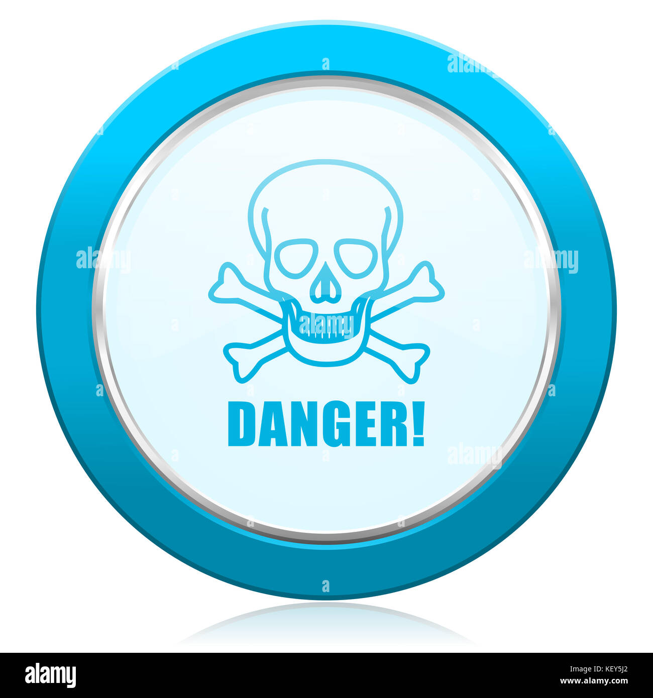 Danger skull blue chrome silver metallic border web icon. Round button ...