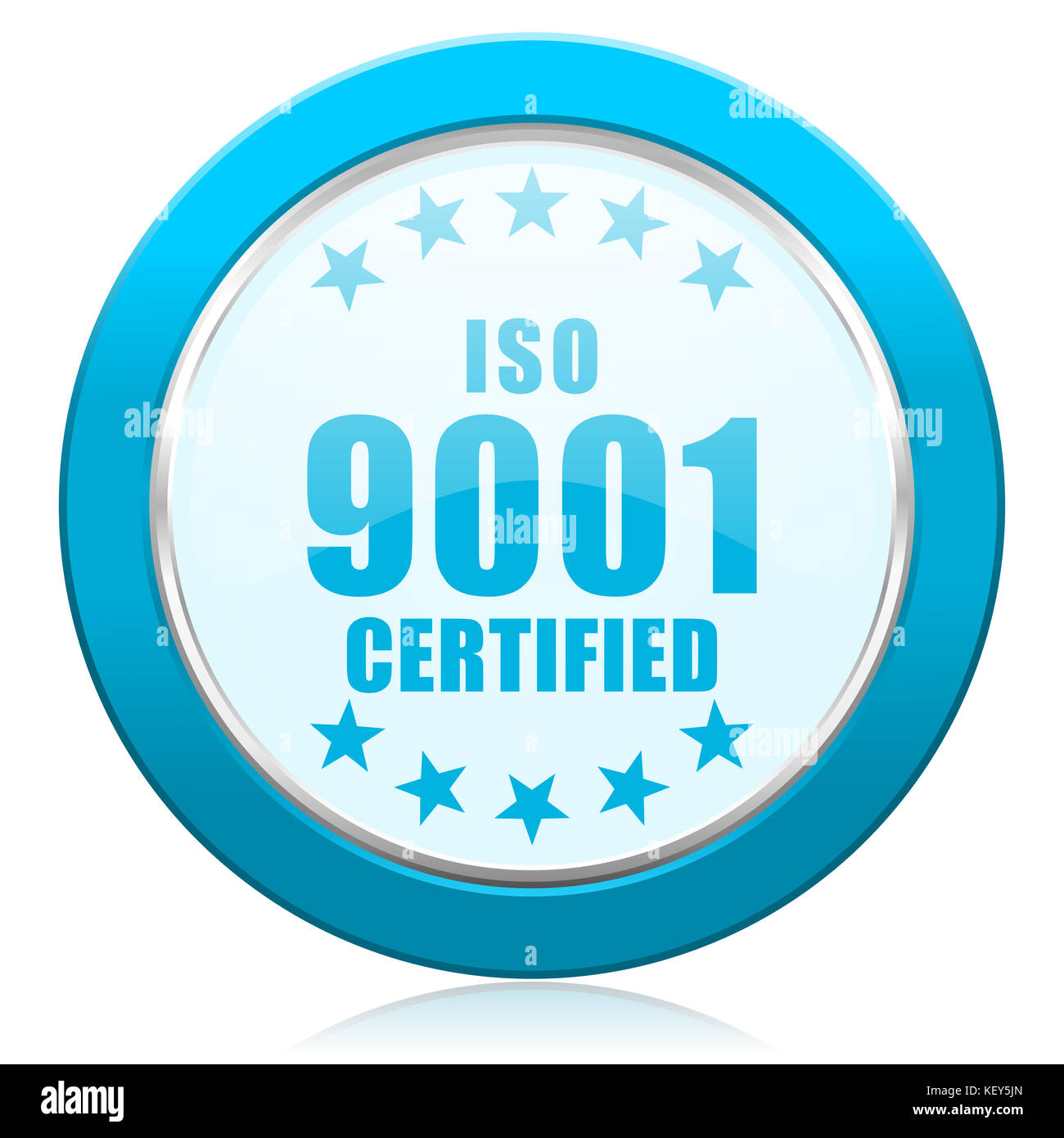 Iso 9001 blue chrome silver metallic border web icon. Round button for ...