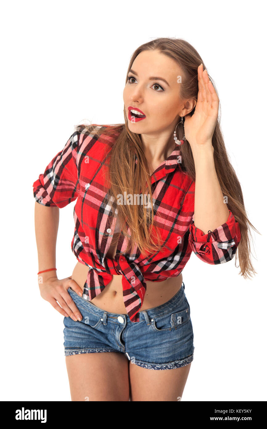 Woman Listen Carefully, Hand on Ear Portrait Stock Photo - Alamy