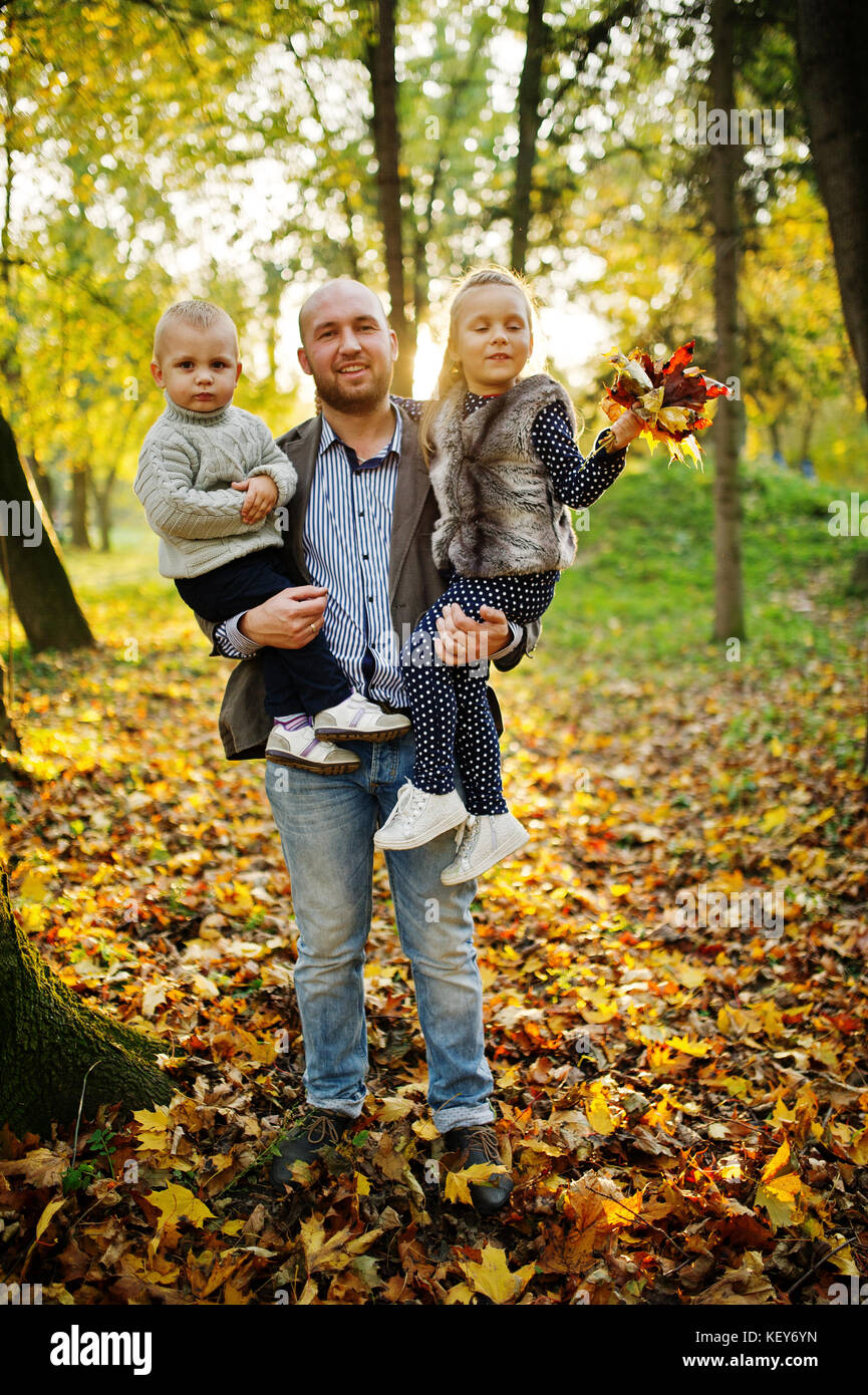 Happy father with daughter and son on majestic autumn fall forest Stock ...