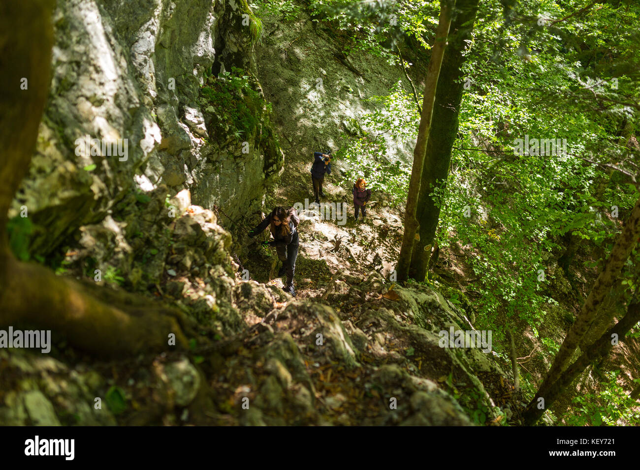 Group of hikers climbing on safety cable on mountain wall Stock Photo ...