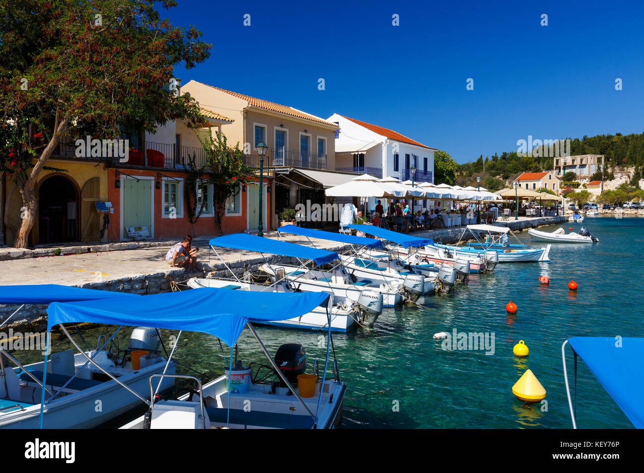 Harbor of the Fiskardo village on Kefalonia island in Greece Stock ...
