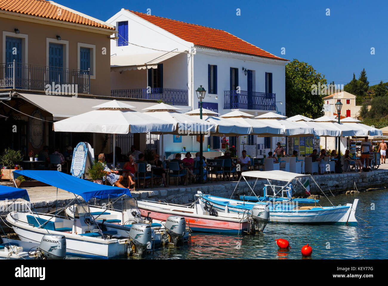 Harbor of the Fiskardo village on Kefalonia island in Greece Stock ...