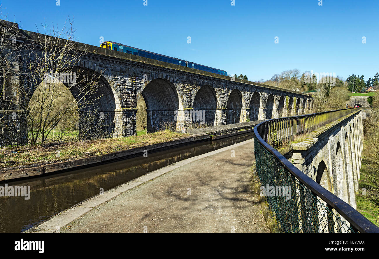 Chirk aqueduct on the Llangollen Canal and railway viaduct with train ...