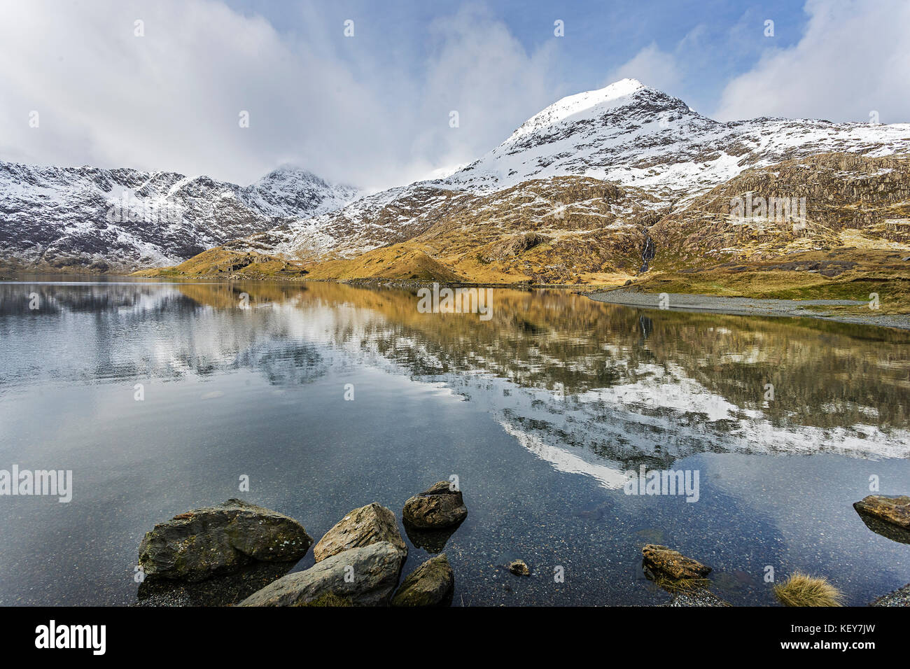 Crib Goch (Red ridge) part of the Snowdon horseshoe covered in snow ...