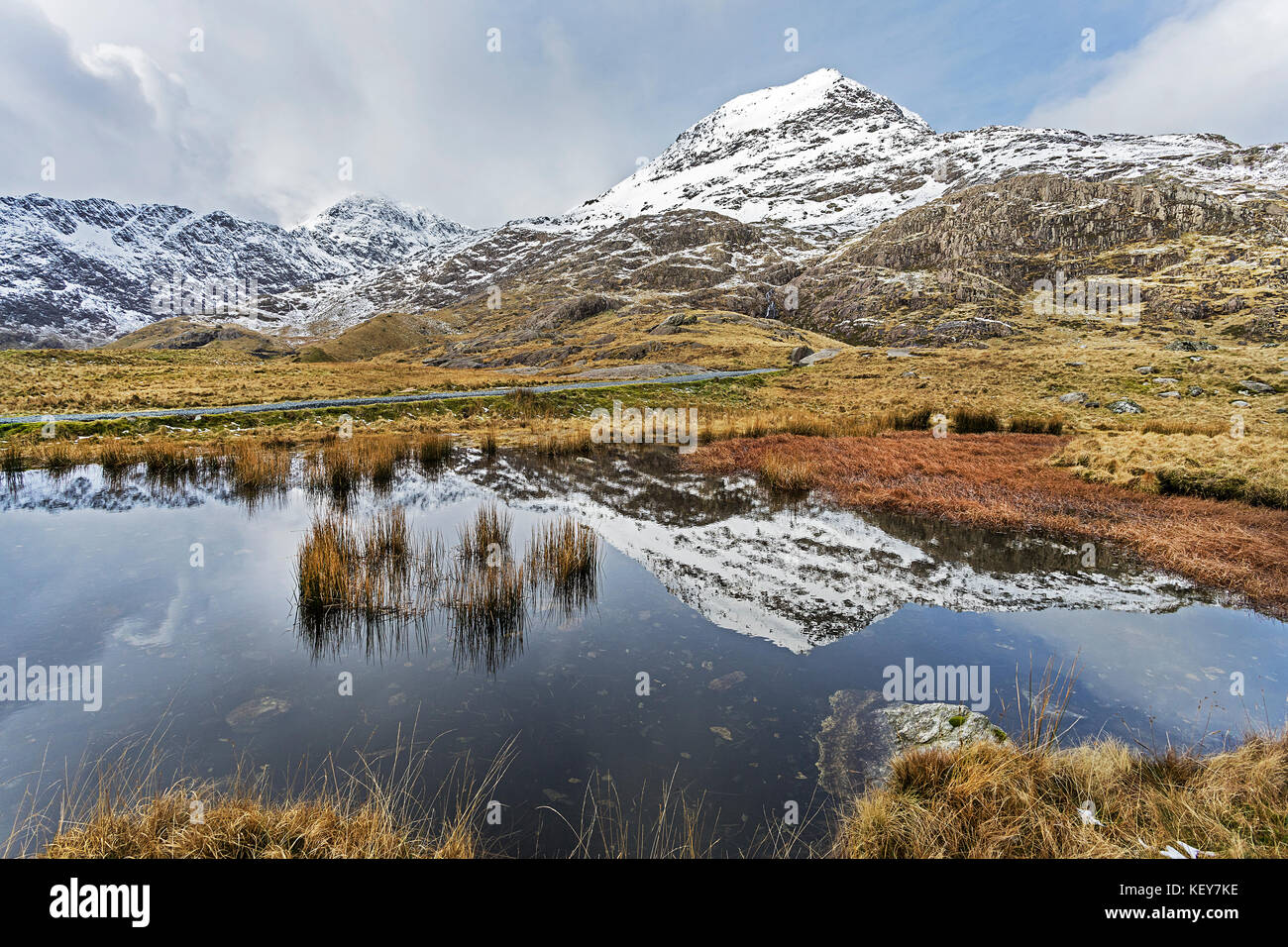 Crib Goch (Red ridge) part of the Snowdon horseshoe covered in snow ...