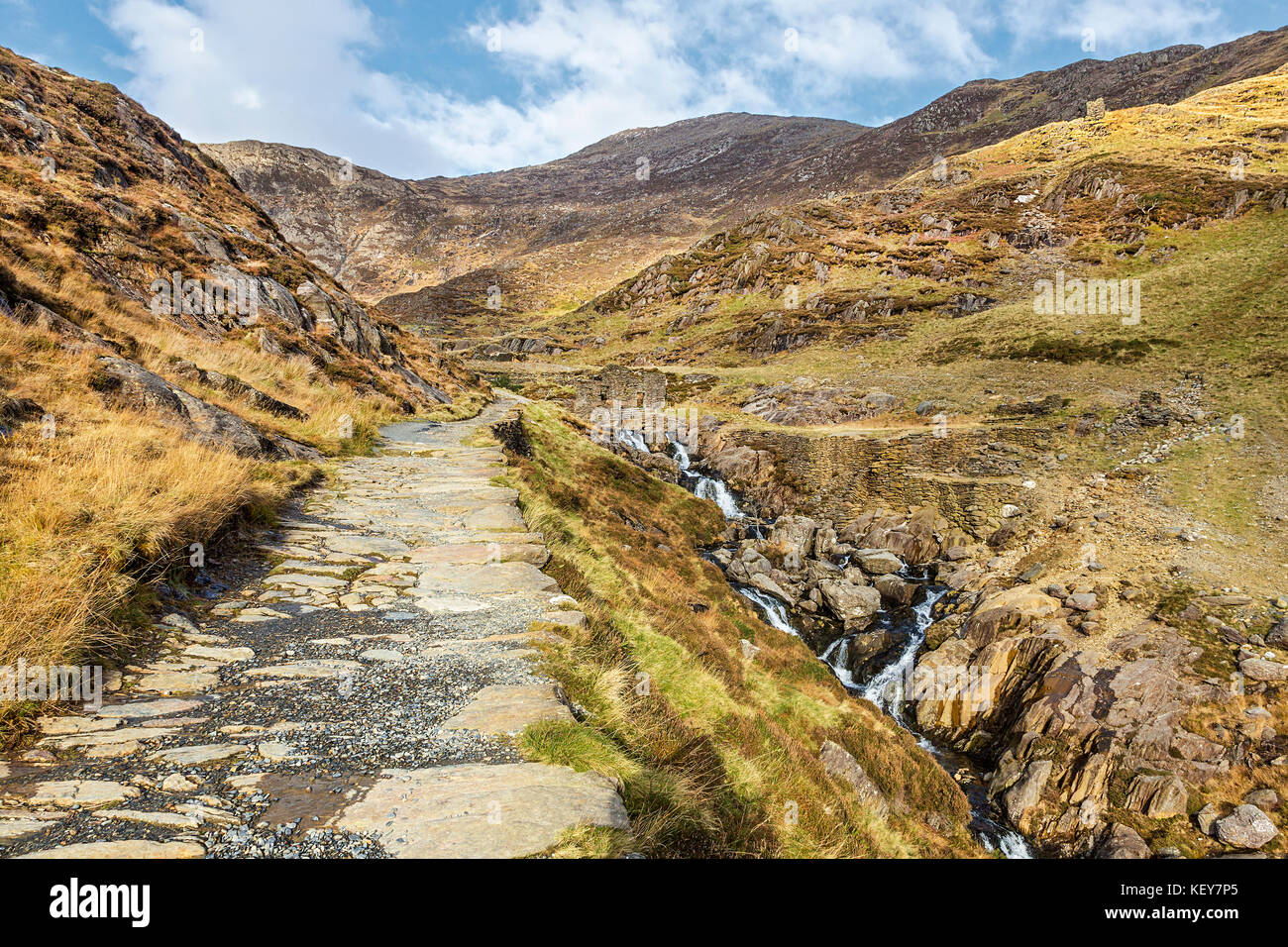 Waterfalls on Afon (River) Cwm Llan showing old slate quarry building ...