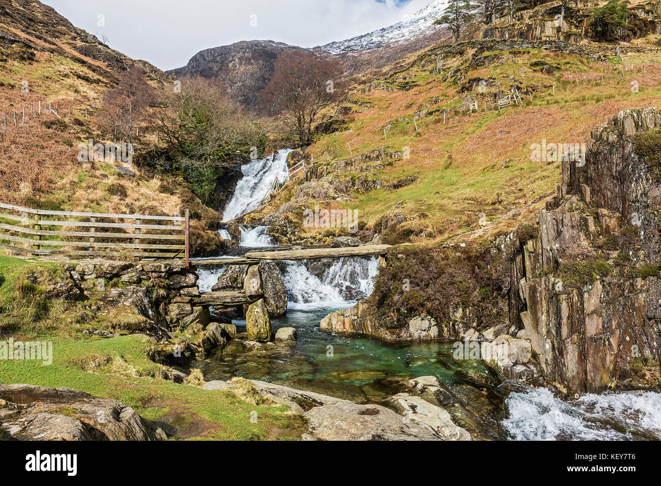 Slate stone bridge over Afon (River) Cwm Llan showing turquoise pool ...