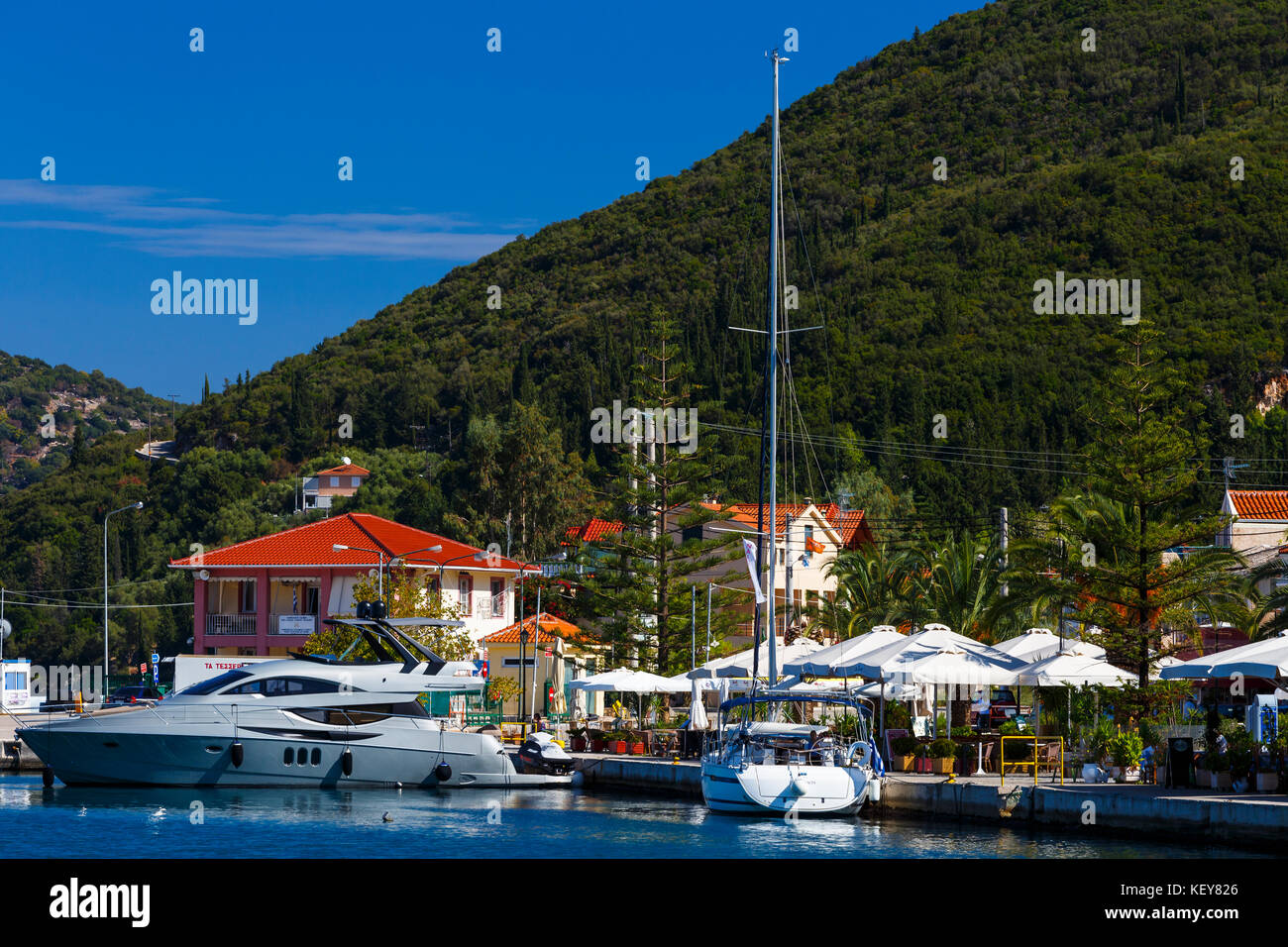 Harbor of the Sami village on Kefalonia island in Greece Stock Photo ...