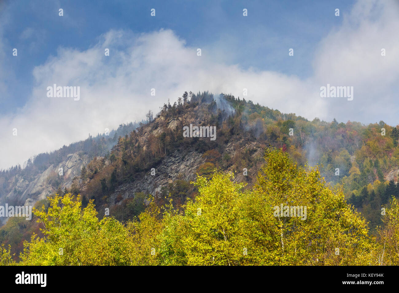 Smoke from a forest fire on Dilly Cliff in Kinsman Notch, New Hampshire ...