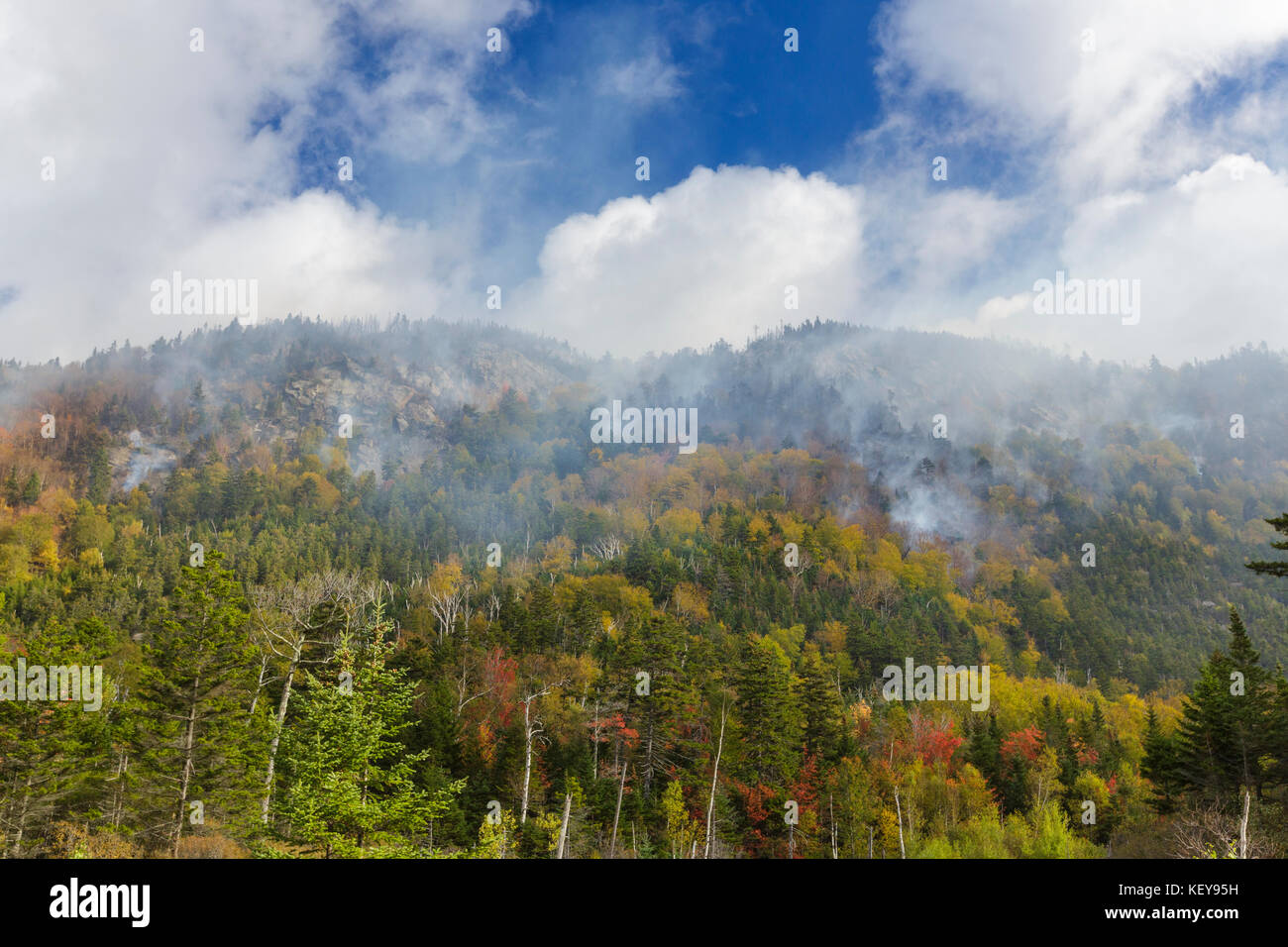 Smoke from a forest fire on Dilly Cliff in Kinsman Notch, New Hampshire ...