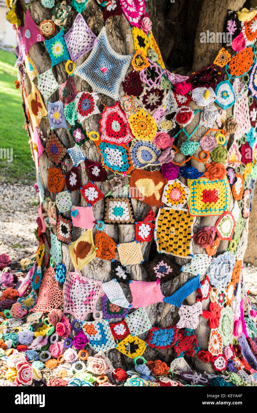 Crochet squares as art installation on a tree of the municipal art ...