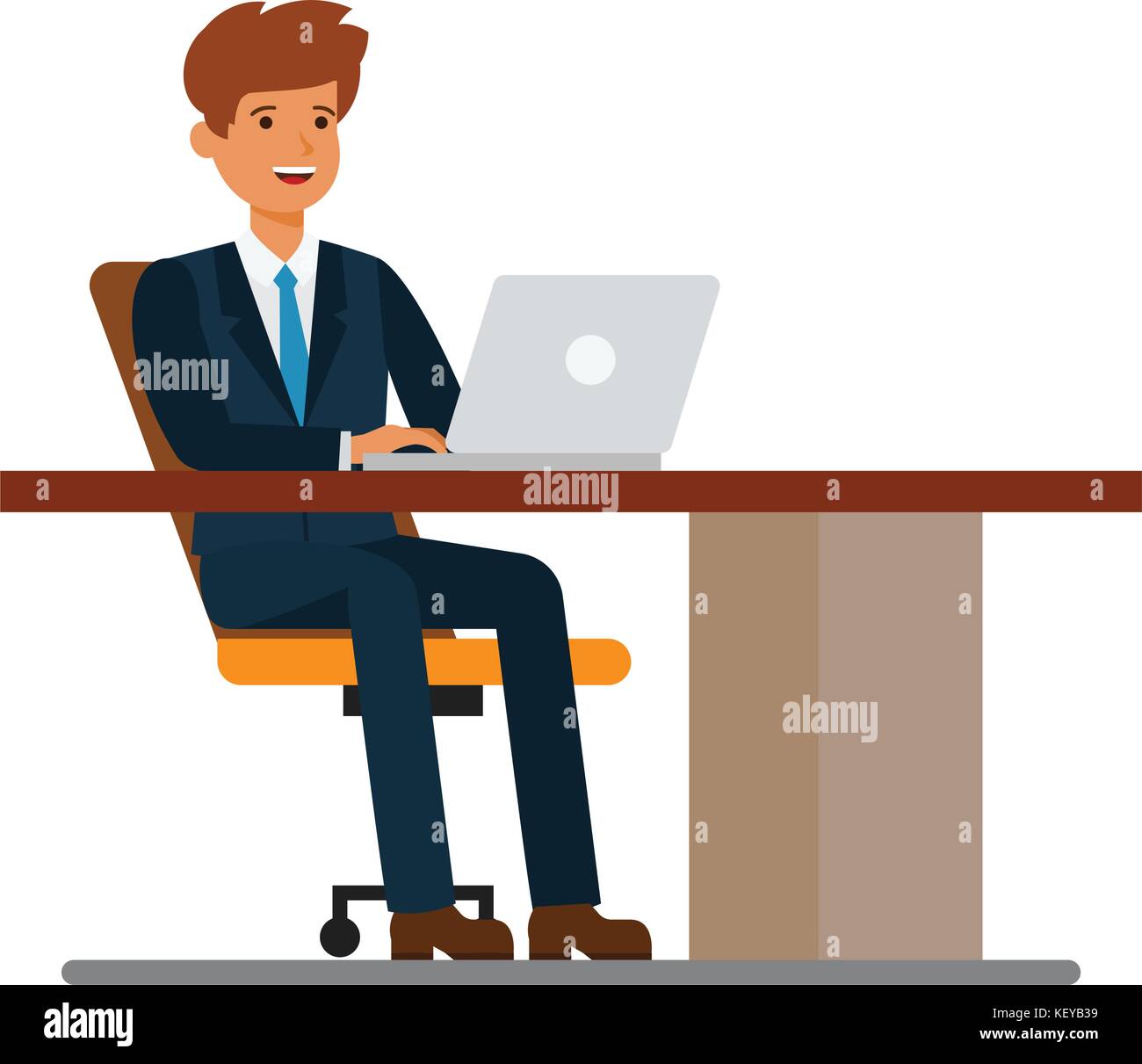 Businessman working at desk at notebook cartoon flat vector ...